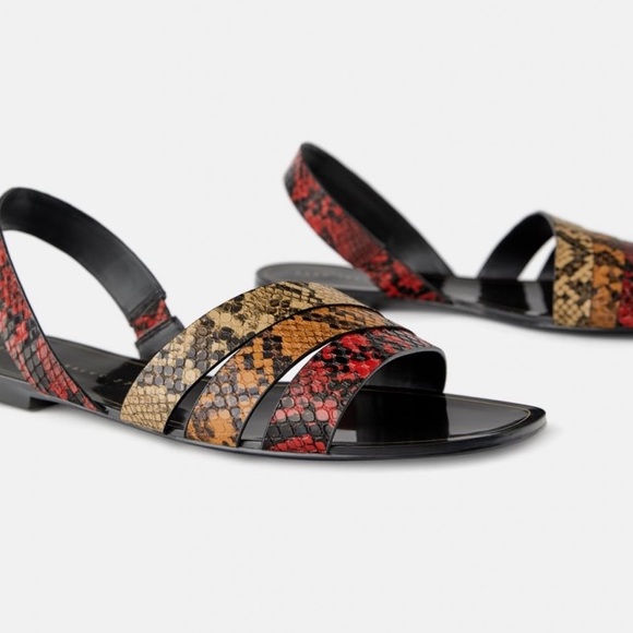 Zara | Shoes | Zara Animal Print Snakeskin Leather Flat Sandals Multi ...